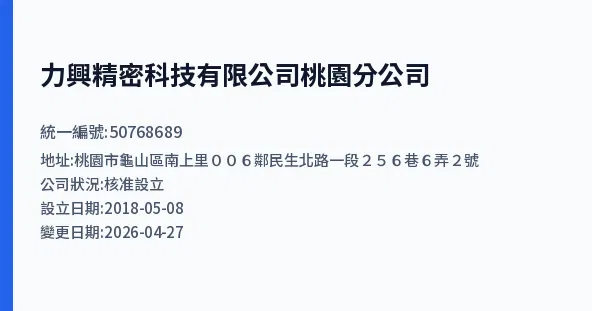 力興精密科技有限公司桃園分公司的照片-統編 50768689(桃園市) 公司登記資料與營業項目詳細圖表