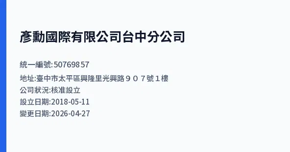 彥勳國際有限公司台中分公司的照片-統編 50769857(臺中市) 公司登記資料與營業項目詳細圖表