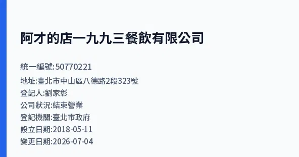 阿才的店一九九三餐飲有限公司的照片-統編 50770221(臺北市) 公司登記資料與營業項目詳細圖表
