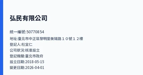 弘民有限公司的照片-統編 50770854(臺北市) 公司登記資料與營業項目詳細圖表