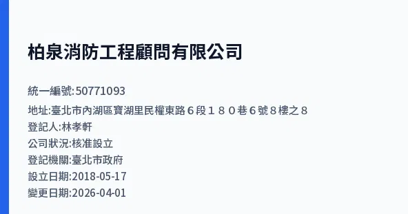 柏泉消防工程顧問有限公司的照片-統編 50771093(臺北市) 公司登記資料與營業項目詳細圖表