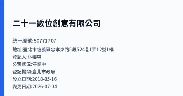 二十一數位創意有限公司的照片-統編 50771707(臺北市) 公司登記資料與營業項目詳細圖表