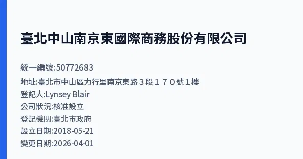 臺北中山南京東國際商務股份有限公司的照片-統編 50772683(臺北市) 公司登記資料與營業項目詳細圖表