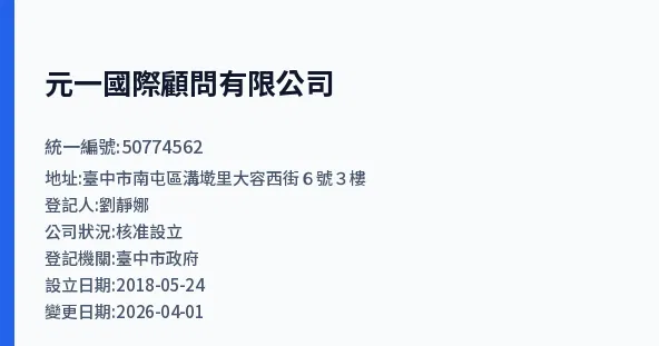 元一國際顧問有限公司的照片-統編 50774562(臺中市) 公司登記資料與營業項目詳細圖表
