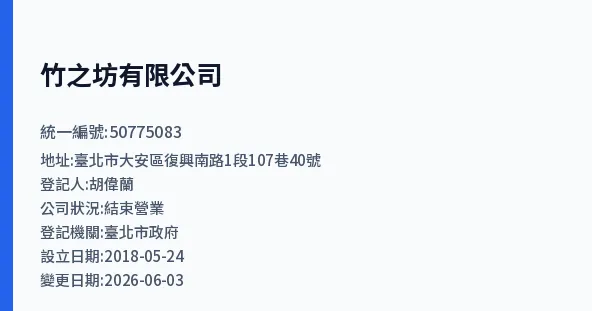 竹之坊有限公司的照片-統編 50775083(臺北市) 公司登記資料與營業項目詳細圖表