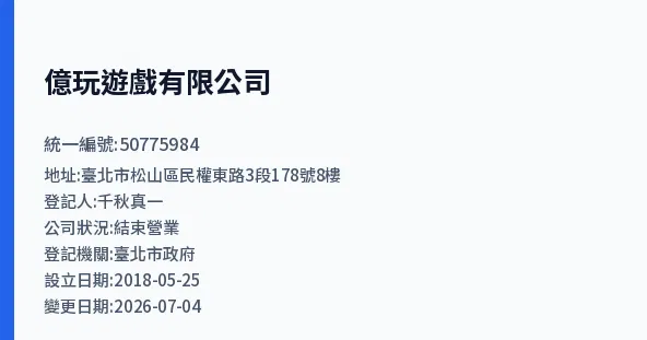 億玩遊戲有限公司的照片-統編 50775984(臺北市) 公司登記資料與營業項目詳細圖表