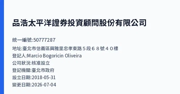 品浩太平洋證券投資顧問股份有限公司的照片-統編 50777287(臺北市) 公司登記資料與營業項目詳細圖表