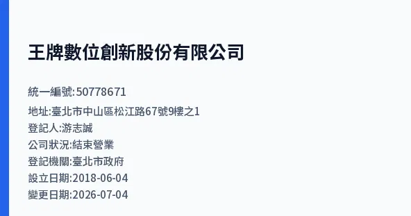 王牌數位創新股份有限公司的照片-統編 50778671(臺北市) 公司登記資料與營業項目詳細圖表