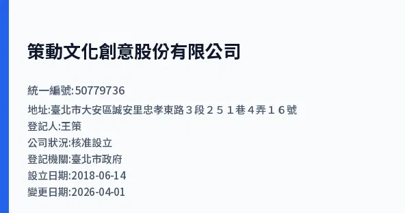 策動文化創意股份有限公司的照片-統編 50779736(臺北市) 公司登記資料與營業項目詳細圖表