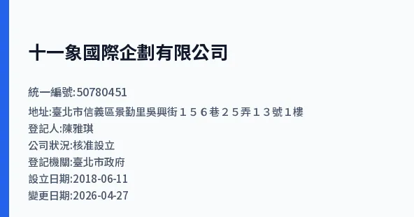 十一象國際企劃有限公司的照片-統編 50780451(臺北市) 公司登記資料與營業項目詳細圖表
