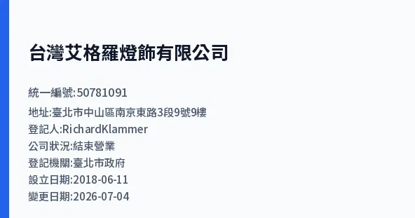 台灣艾格羅燈飾有限公司的照片-統編 50781091(臺北市) 公司登記資料與營業項目詳細圖表