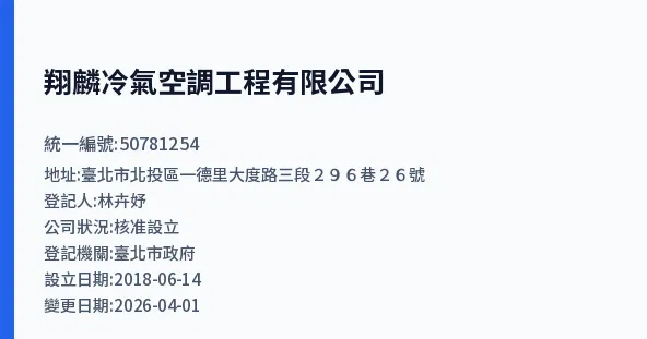 翔麟冷氣空調工程有限公司的照片-統編 50781254(臺北市) 公司登記資料與營業項目詳細圖表