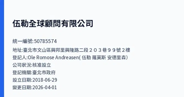 伍勒全球顧問有限公司的照片-統編 50785574(臺北市) 公司登記資料與營業項目詳細圖表