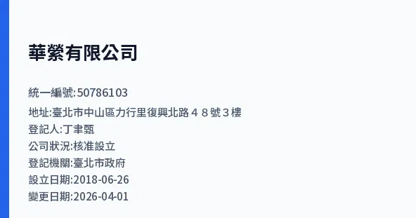 華縈有限公司的照片-統編 50786103(臺北市) 公司登記資料與營業項目詳細圖表