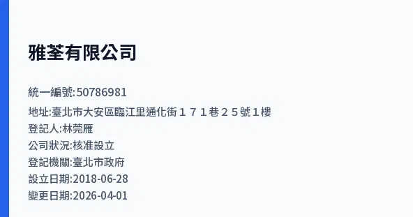 雅荃有限公司的照片-統編 50786981(臺北市) 公司登記資料與營業項目詳細圖表