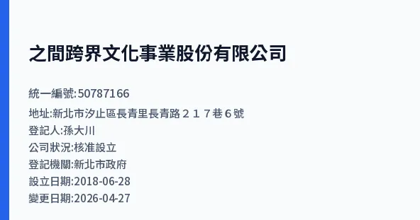 之間跨界文化事業股份有限公司的照片-統編 50787166(新北市) 公司登記資料與營業項目詳細圖表