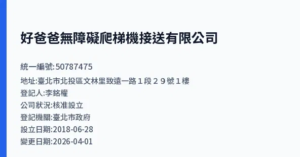 好爸爸無障礙爬梯機接送有限公司的照片-統編 50787475(臺北市) 公司登記資料與營業項目詳細圖表