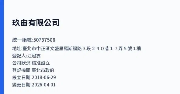 玖宙有限公司的照片-統編 50787588(臺北市) 公司登記資料與營業項目詳細圖表