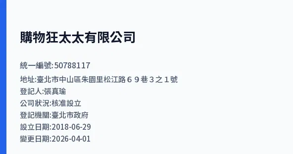 購物狂太太有限公司的照片-統編 50788117(臺北市) 公司登記資料與營業項目詳細圖表