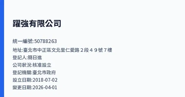 躍強有限公司的照片-統編 50788263(臺北市) 公司登記資料與營業項目詳細圖表