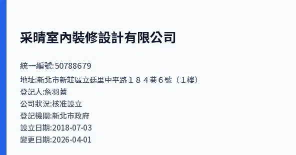 采晴室內裝修設計有限公司的照片-統編 50788679(新北市) 公司登記資料與營業項目詳細圖表