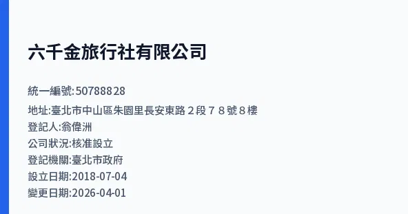 六千金旅行社有限公司的照片-統編 50788828(臺北市) 公司登記資料與營業項目詳細圖表