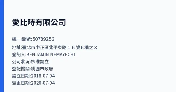 愛比時有限公司的照片-統編 50789256(臺北市) 公司登記資料與營業項目詳細圖表