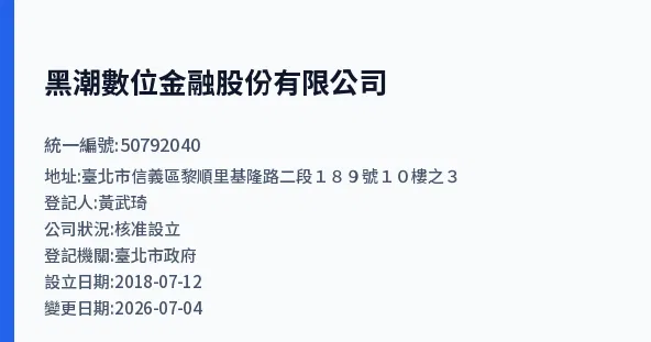 黑潮數位金融股份有限公司的照片-統編 50792040(臺北市) 公司登記資料與營業項目詳細圖表