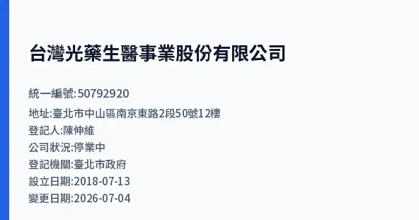 台灣光藥生醫事業股份有限公司的照片-統編 50792920(臺北市) 公司登記資料與營業項目詳細圖表