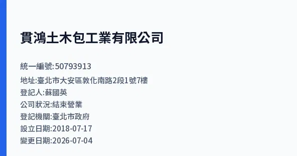 貫鴻土木包工業有限公司的照片-統編 50793913(臺北市) 公司登記資料與營業項目詳細圖表
