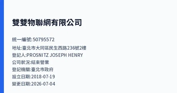 雙雙物聯網有限公司的照片-統編 50795572(臺北市) 公司登記資料與營業項目詳細圖表