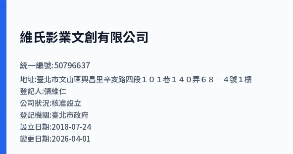 維氏影業文創有限公司的照片-統編 50796637(臺北市) 公司登記資料與營業項目詳細圖表