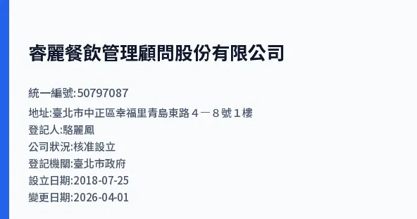 睿麗餐飲管理顧問股份有限公司的照片-統編 50797087(臺北市) 公司登記資料與營業項目詳細圖表