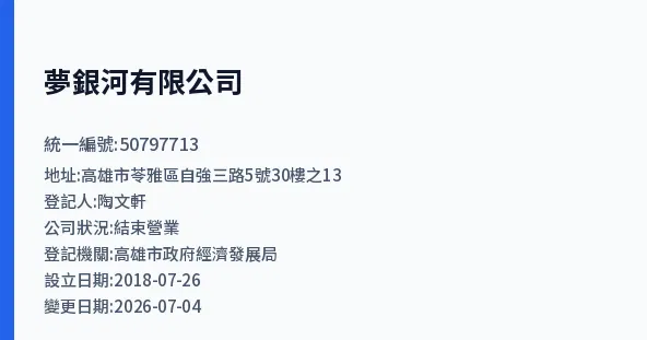 夢銀河有限公司的照片-統編 50797713(高雄市) 公司登記資料與營業項目詳細圖表