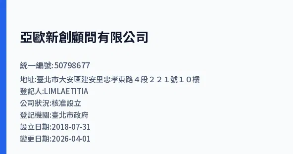 亞歐新創顧問有限公司的照片-統編 50798677(臺北市) 公司登記資料與營業項目詳細圖表