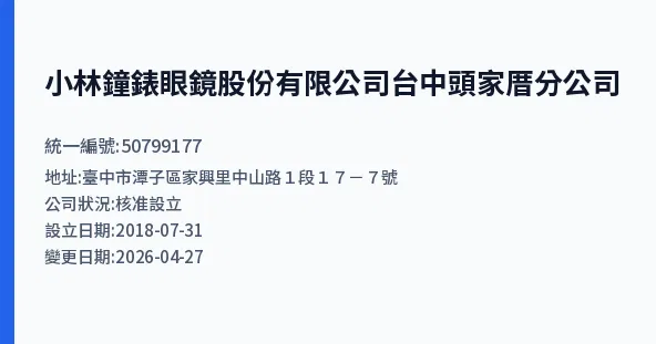 小林鐘錶眼鏡股份有限公司台中頭家厝分公司的照片-統編 50799177(臺中市) 公司登記資料與營業項目詳細圖表