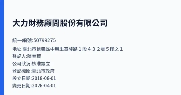大力財務顧問股份有限公司的照片-統編 50799275(臺北市) 公司登記資料與營業項目詳細圖表