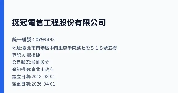 挺冠電信工程股份有限公司的照片-統編 50799493(臺北市) 公司登記資料與營業項目詳細圖表