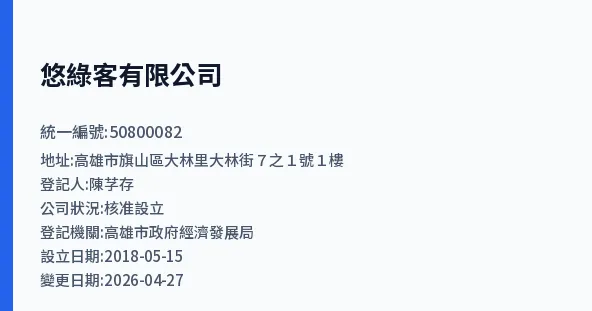 悠綠客有限公司的照片-統編 50800082(高雄市) 公司登記資料與營業項目詳細圖表
