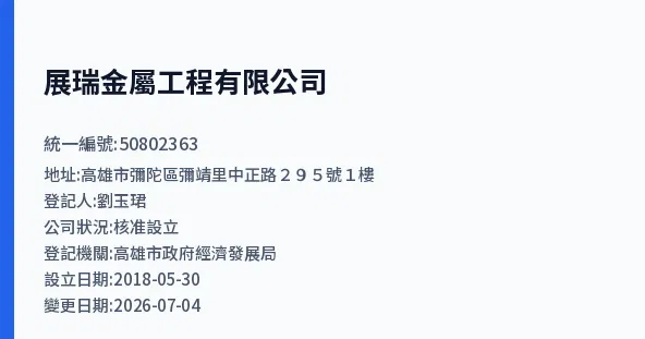 展瑞金屬工程有限公司的照片-統編 50802363(高雄市) 公司登記資料與營業項目詳細圖表