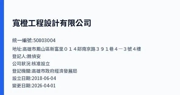 寬橙工程設計有限公司的照片-統編 50803004(高雄市) 公司登記資料與營業項目詳細圖表