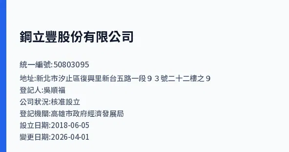 鋼立豐股份有限公司的照片-統編 50803095(新北市) 公司登記資料與營業項目詳細圖表