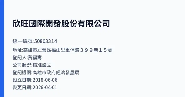 欣旺國際開發股份有限公司的照片-統編 50803314(高雄市) 公司登記資料與營業項目詳細圖表