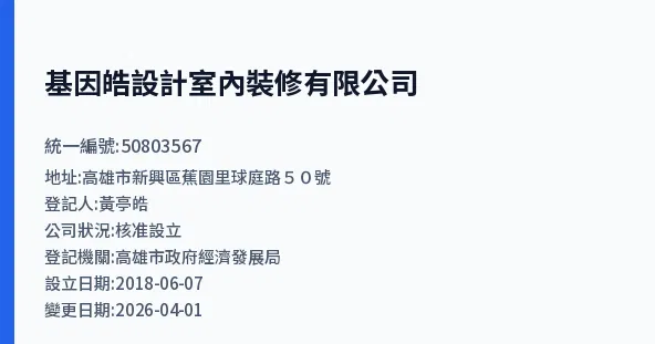 基因皓設計室內裝修有限公司的照片-統編 50803567(高雄市) 公司登記資料與營業項目詳細圖表
