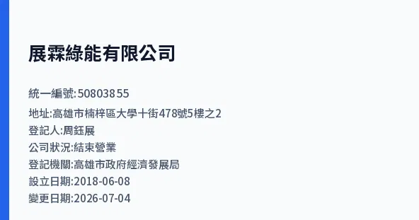 展霖綠能有限公司的照片-統編 50803855(高雄市) 公司登記資料與營業項目詳細圖表