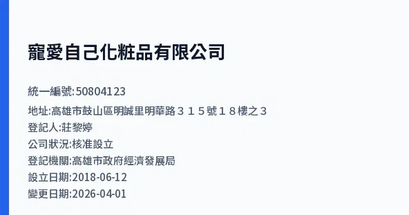 寵愛自己化粧品有限公司的照片-統編 50804123(高雄市) 公司登記資料與營業項目詳細圖表