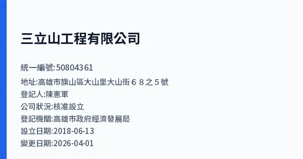 三立山工程有限公司的照片-統編 50804361(高雄市) 公司登記資料與營業項目詳細圖表