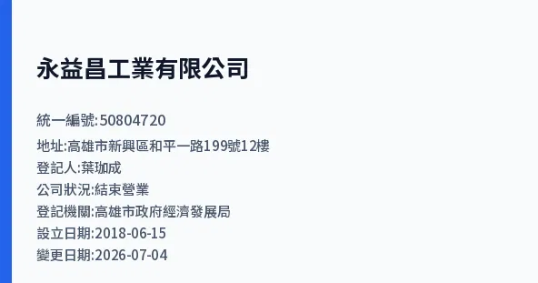 永益昌工業有限公司的照片-統編 50804720(高雄市) 公司登記資料與營業項目詳細圖表
