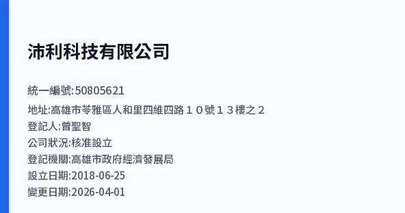 沛利科技有限公司的照片-統編 50805621(高雄市) 公司登記資料與營業項目詳細圖表
