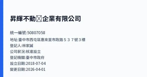 昇輝不動産企業有限公司的照片-統編 50807058(臺中市) 公司登記資料與營業項目詳細圖表